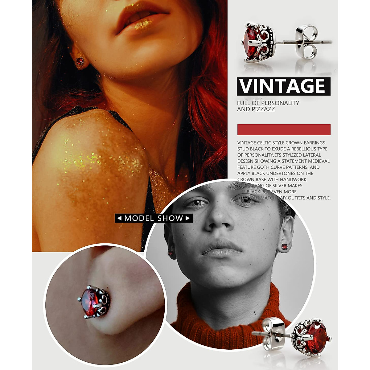 2 Pcs Black and Red Earrings Set Cubic Zirconia Stud Earrings