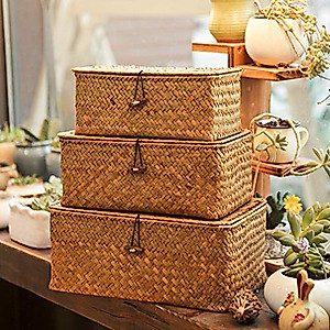 IMIKEYA Rattan Box Rectangular Wicker Storage Basket with Lid Decorative Seagrass Nesting Baskets Set Storage Baskets for Organizing Bedroom Bathroom Laundry Room Kitchen S Woven Basket