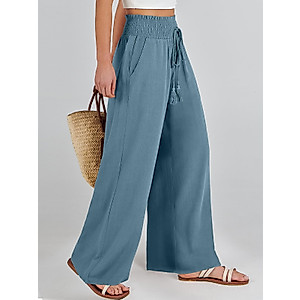 ANRABESS Women's Linen Pants Summer Casual Palazzo Beach Pant Drawstring High Waist Wide Leg Trousers Vacation Outfits Small Lake Blue