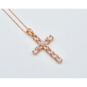 Natural Pink Morganite 5X4 MM Gemstone Holy Cross Pendant Necklace 925 Sterling Silver October Birthstone Morganite Jewelry Proposal Gift For Girlfriend(PD-8323) (16 Inches, Rose Gold Plated Silver)