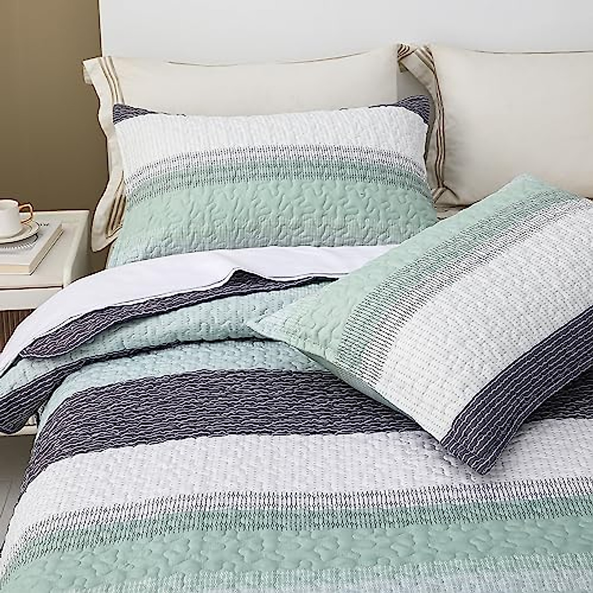 DURLENGEN Mint Green Quilt Set California King Size 3Pcs, Bohemian Design with White & Mint Green & Blue & Grey Stripes, All Season Lightweight Coverlet Sets(California King 112x104,Mint Green)