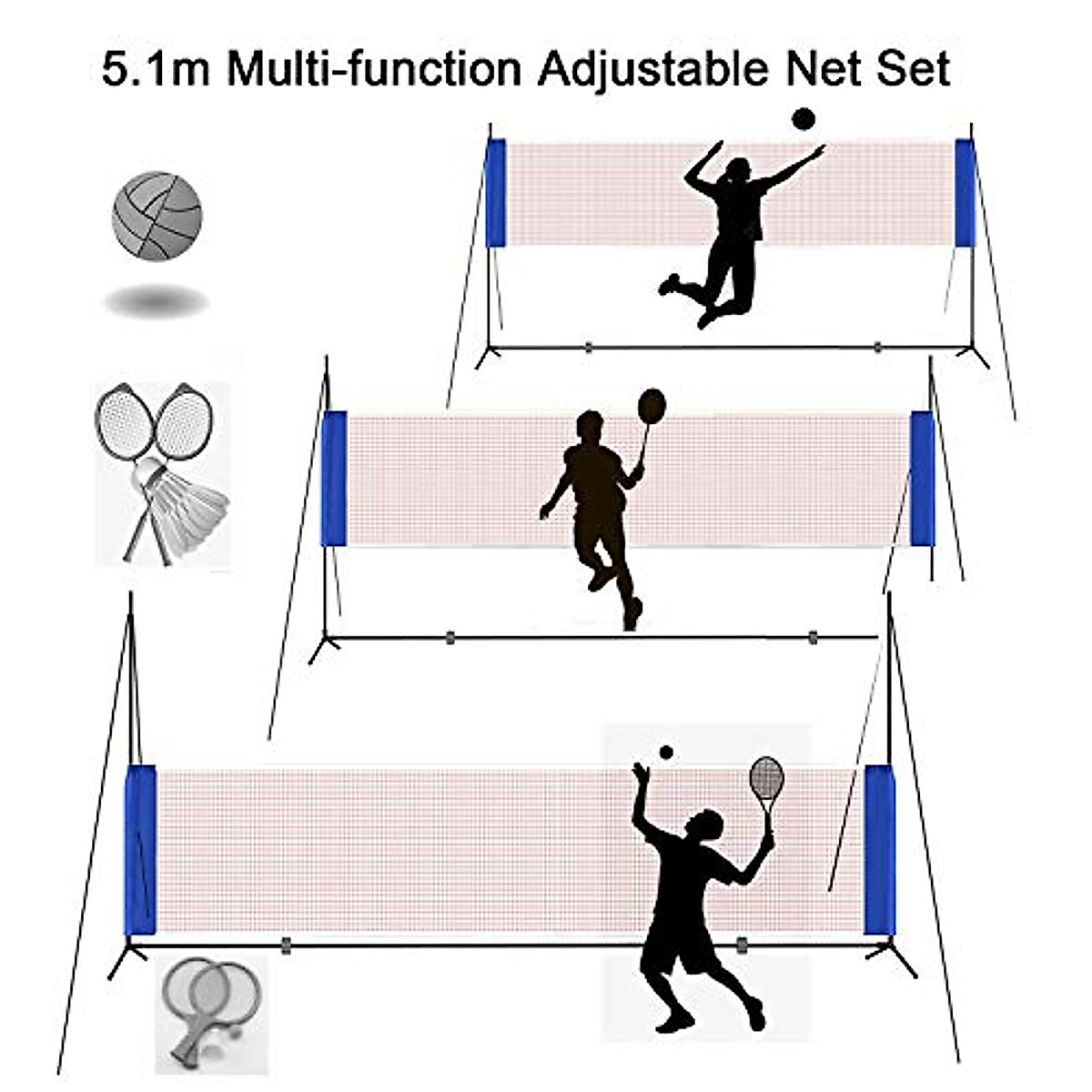 Portable Height Adjustable Badminton Volleyball Tennis Net Set Multi-Purpose Sports Equipment with Poles Stand and Carry Bag for Outdoor Garden Beach 5m/16ft