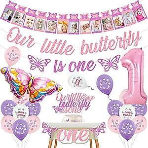 Butterfly 1st Birthday Decorations for Girls Pink Purple Our Little Butterfly is One Banner Cake Topper Photo Banner 1st Bday Girl Butterfly One High Chair Banner Floral Party Decoration for Girls