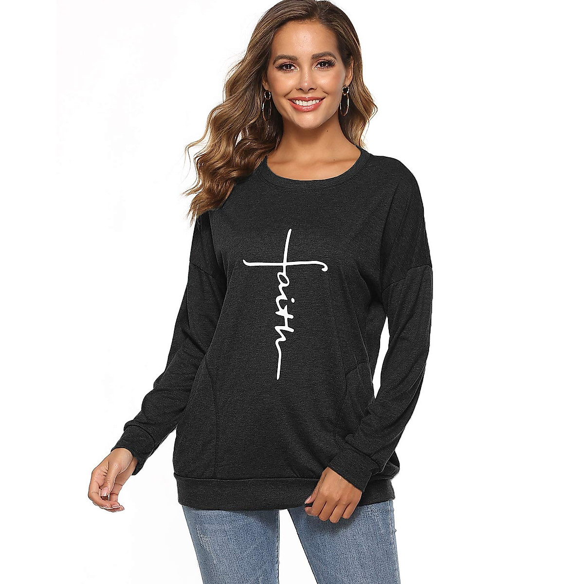 ZILIN Womens Tops Fall Long Sleeve Shirts Loose Fit Tunic Tops Sweatshirt with Pockets Grey XXL