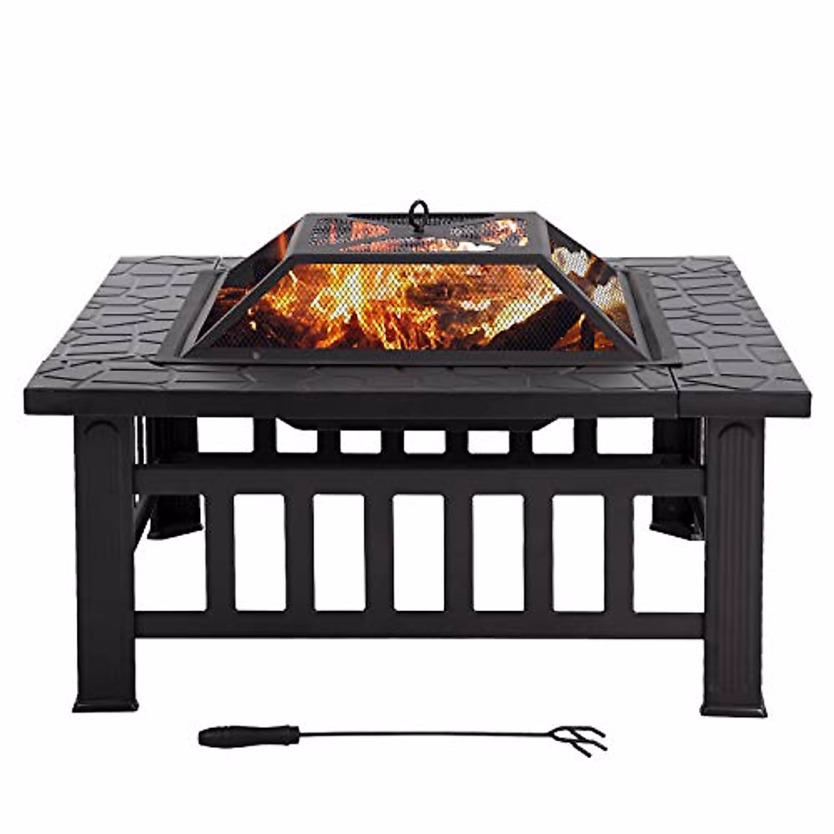Outdoor Fire Pit,32 inch Square Metal Firepit for Patio Wood Burning Fireplace Garden Stove with Poker Mesh Cover,Charcoal Rack for Camping Picnic Bonfire Backyard