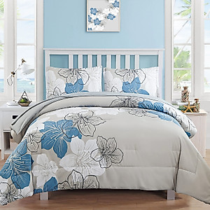 Luxudecor Floral Comforter Set Queen Size, Blue Floral Comforter and Sheet Set, 7 Pieces Bed in a Bag Soft Microfiber Complete Bedding Sets for All Seasons 90"×90"