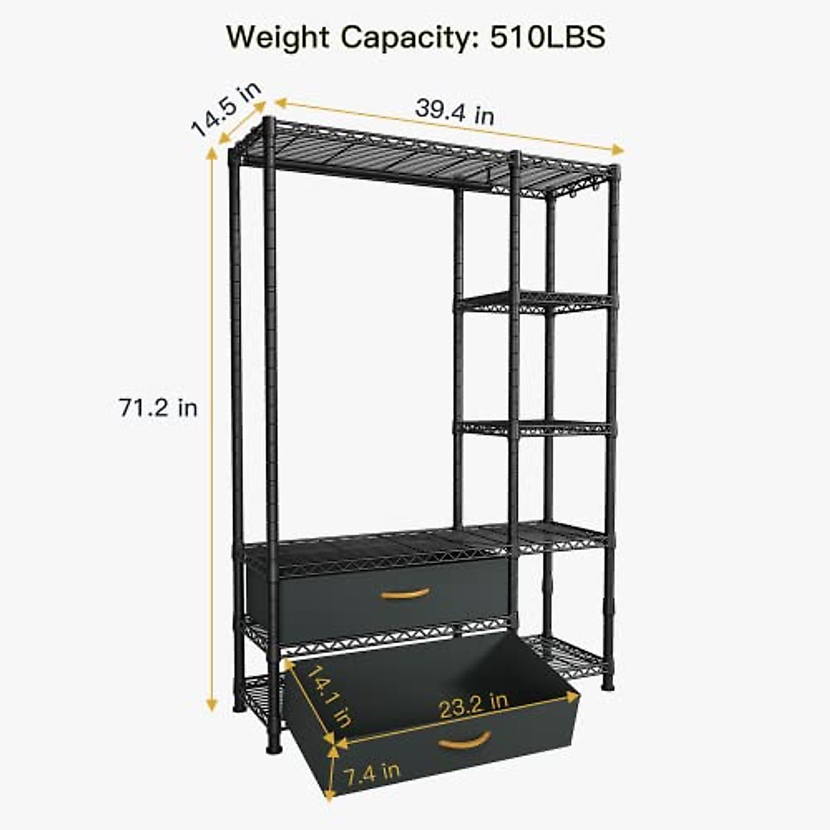 Ulif F3 Freestanding Closet Garment Rack, 5 Tiers Adjustable Heavy Duty Clothes Organizer Storage with 2 Fabric Drawers, Suitable for Bedroom, Apartment, and Cloakroom, 39.4"W x 14.5"D x 71.2"H, Black