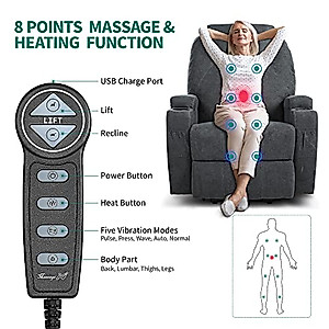 YITAHOME Power Lift Recliner Chair for Elderly, Electric Lift Chair with Heat and Massage, Fabirc Recliner Sofa with 2 Cup Holders, Side Pockets & Remote Control for Living Room,Grey