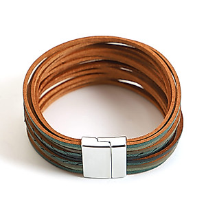 hotoo Handmade Layered Green Leather Bracelets Wrap for Women Stackable Chunky Colored Men Cuff Bracelet Wristband Bangle Gifts