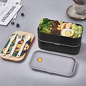 Cartoon Lion Adult Lunch Box, Bento Box, With Cutlery Set Of 3, 2 Compartments, Rectangular, Lunch Box For Adults