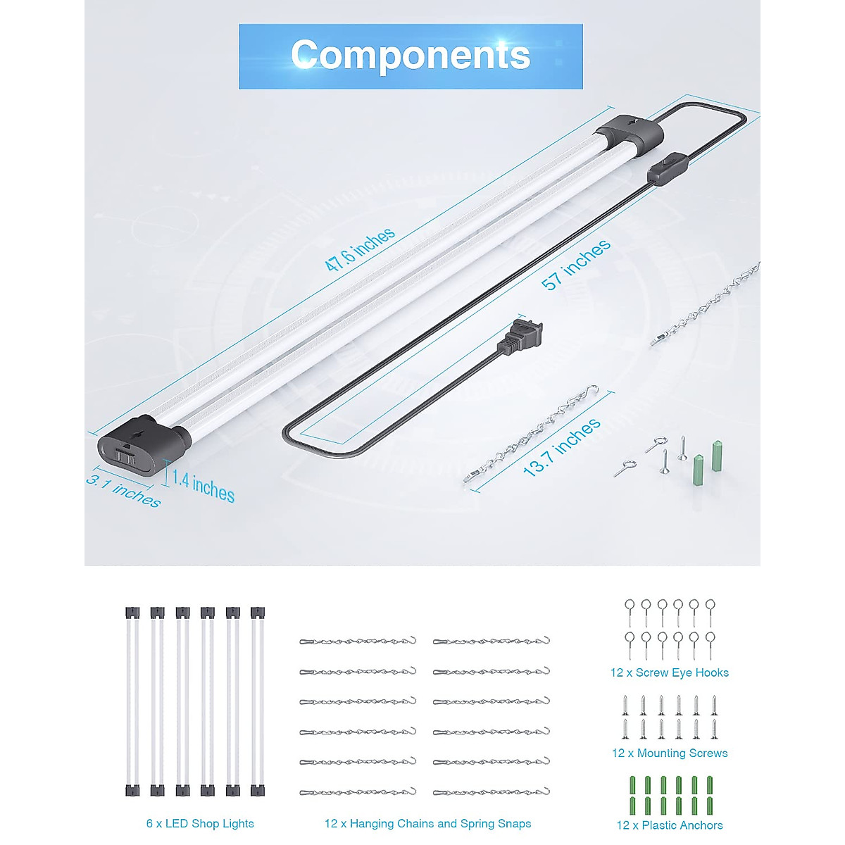 Ensenior 6 Pack Linkable Led Shop Light 4ft for Garage, 4400 High Lumens, 36W Equivalent 280W, 5000K Daylight, 48 Inch Utility Shop led Lights, Surface or Hanging Mount Fixtures, Black, ETL Certified