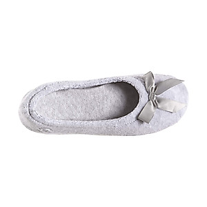 isotoner Women's Terry Ballerina Slipper with Bow for Indoor/Outdoor Comfort, HEATHER GREY, 8-9