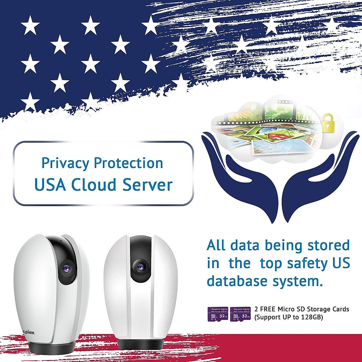 LaView Security Cameras for Home + 2X 32GB SD Cards,PT Home Security Camera System with Motion Detection,Two-Way Audio,Night Vision,Indoor WiFi Camera for Baby/pet,Alexa,USA Cloud Service