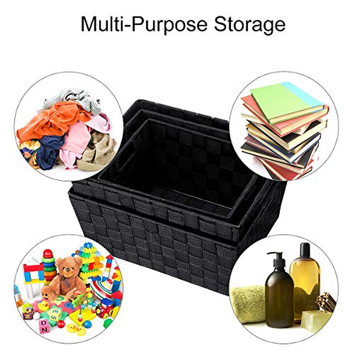 LEAVINSKY Woven Storage Box, Woven Strap Storage Basket Bin Container, Stackable Storage Basket, Woven Strap Shelf Organizer, Nylon Storage Basket for Closet, Office, 4 Pack, Black