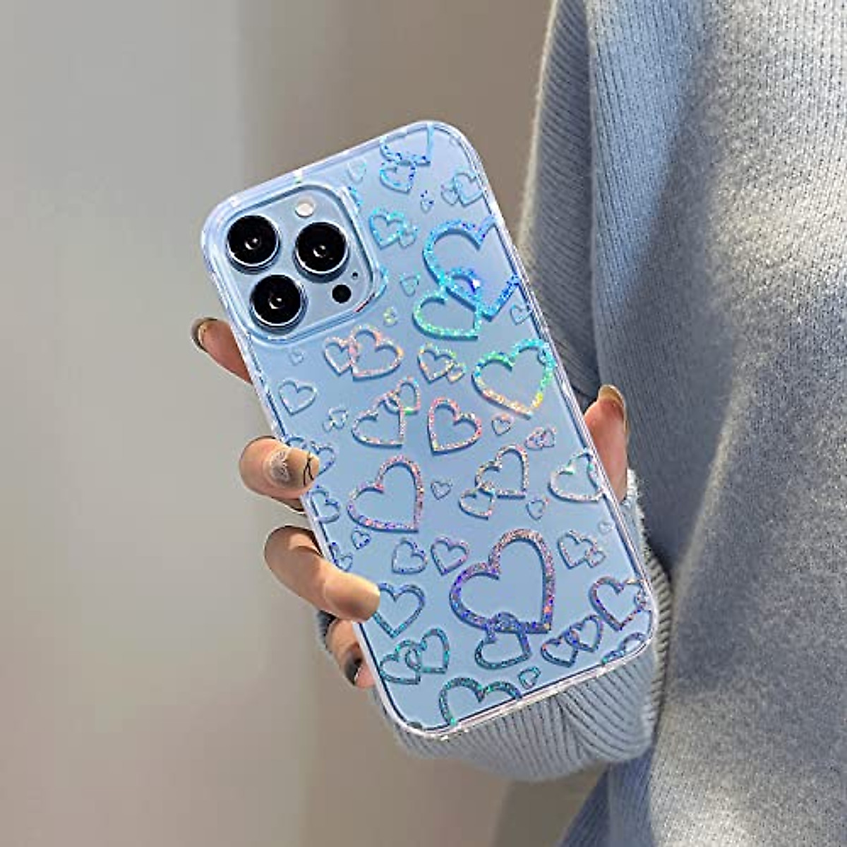 LSEEKA Compatible with iPhone 13 Pro Max Clear Case with Love Heart Laser Glitter Holographic Design,Sparkly Bling Cute Hard PC & Soft TPU Bumper Shockproof Protective Phone Cover for Women Girls