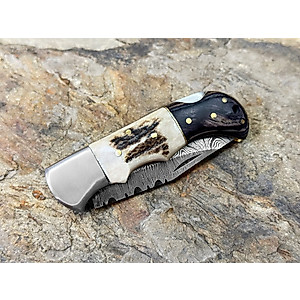 WINTERFELL Damascus Steel Folding Pocket Knife for Men with Leather Sheath, 100% Handmade Gifts for Husband, Dad, Boyfriend, Damascus Steel Groomsman Gift Knives