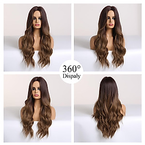 topshe Brown with Highlights Synthetic Wigs Middle Part Long Wavy Wigs with Dark Roots Womens Natural Heat Resistant Hair