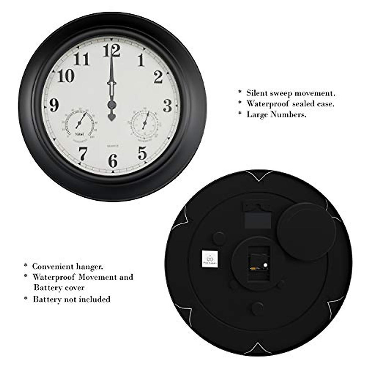 Pure Garden Thermometer 18" Metal Indoor/Outdoor Patio Wall Clock Black