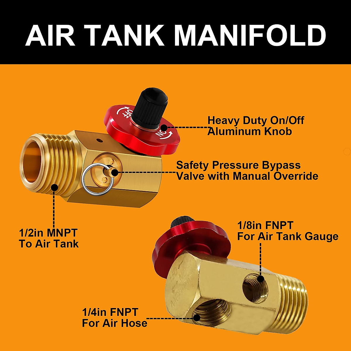 Air Tank Repair Kit, SUNROAD Air Tank valve Kit with gauge, Come with 2" Pressure Gauge 1/8"NPT, 4 Ft Air Hose 1/4"NPT Connect and Aluminum Knob Air Tank Manifold 1/2" NPT to Portable Air Tank