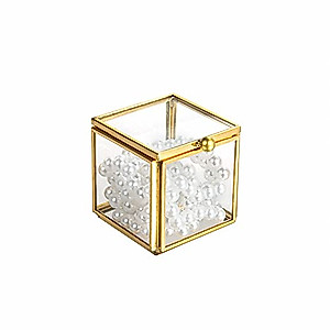 Feyarl Tiny Clear Glass Jewelry Trinket Box Ornate Rings Earrings Shadow Box Treasure Chest Organizer Decorative Keepsake Case with Lid for Wedding Birthday Gift (Gold)