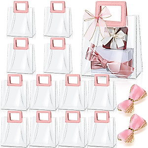 Fulmoon 12 Pcs Clear Gift Bag with Handle and Sheer Ribbon Reusable Transparent PVC Gift Bag for Bridal Party, Baby Shower, Wedding, Birthday, 7 x 4 x 8 Inch(Pink)