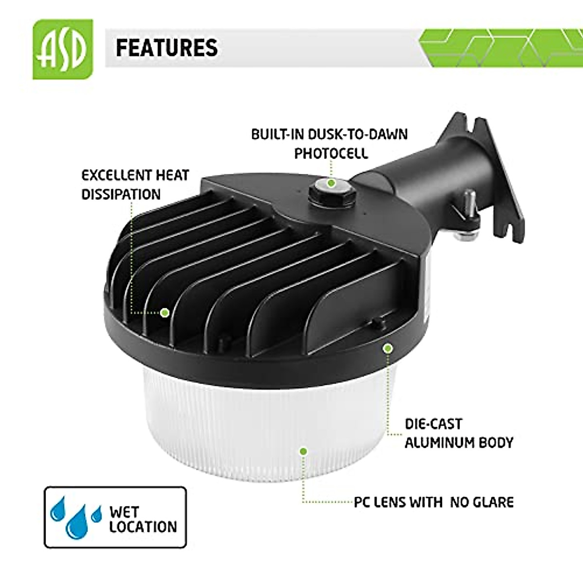 ASD LED Barn Light 70W, Dimmable, Dusk to Dawn Outdoor Lighting, Commercial Grade, 120-277V, Ultra Bright Waterproof Area Light, 110W MH Replacement, 8680 Lm, 4000K, ETL & DLC Premium