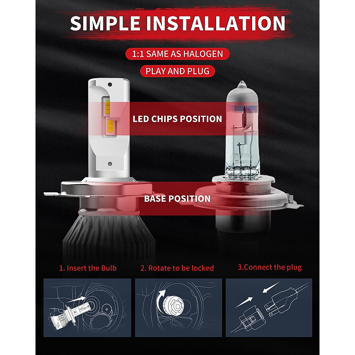 LASFIT H4 9003 Bulbs, HB2/H19/H1S/P43T High/Low Lights, 400% Super Bright 60W 6000LM 6000K White, 360 Adjustable Beam, Plug&Play (2 bulbs)