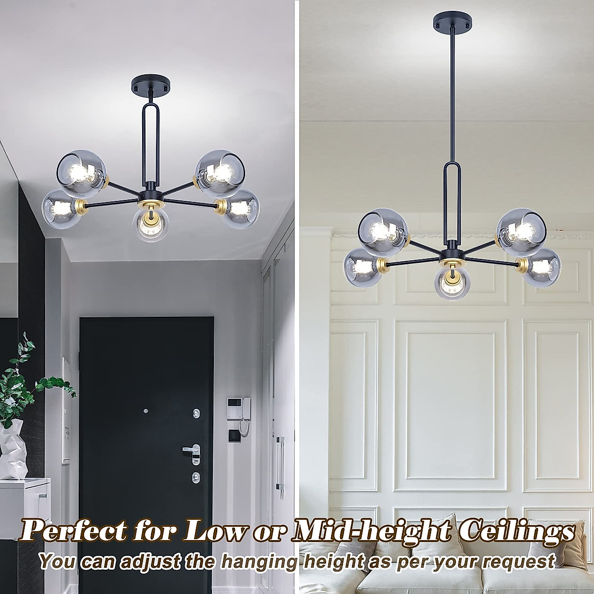 5-Light Globe Chandelier Pendant Lighting - Modern Large Semi-Flush Ceiling Light Fixture with Smoked Glass, Black Dining Room Light Fixture, Sputnik Light Fixture for Kitchen Living Room Bedroom