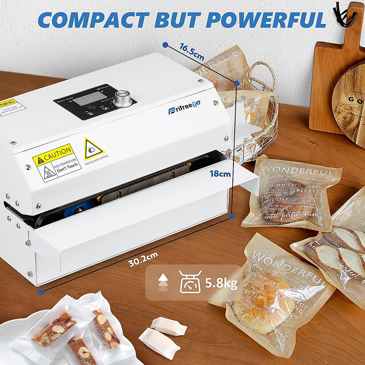 Frifreego Commercial Grade Heat Sealer Automatic Continuous Heat Bag Sealing Machine, Temp&Speed Adjustable, Heavy Duty Horizontal Bag Sealing Machine for Kinds of Plastic Packing Bags, Desktop White