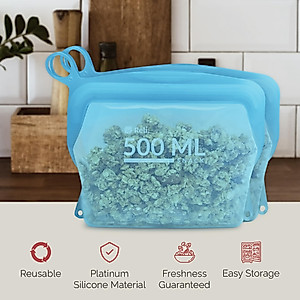 Reli. Reusable Silicone Bags (2 Pack) | Snack (500 ml) - Aqua | Silicone Bags for Food Storage | Small Reusable Food Storage for Meal Prep, Lunch Boxes | Leak-Proof, Dishwasher/Freezer Safe