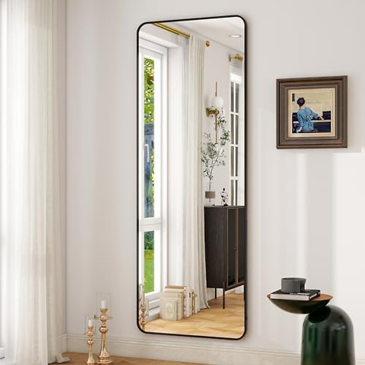 HARRITPURE Full Length Mirror 64"x21" Rounded Corner Aluminum Frame Black Full Body Floor Mirror Rectangle Standing Mirrors for Living Room Bedroom Cloakroom