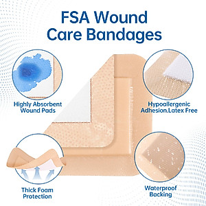 Niceful Silicone Foam Dressing 4"x4", Waterproof Silicone Bandages with Border Adhesive, High Absorbency Bed Sore Bandages Wound Care Dressing (2.5"X2.5" Pad), 5 Packs, FSA HSA Eligible
