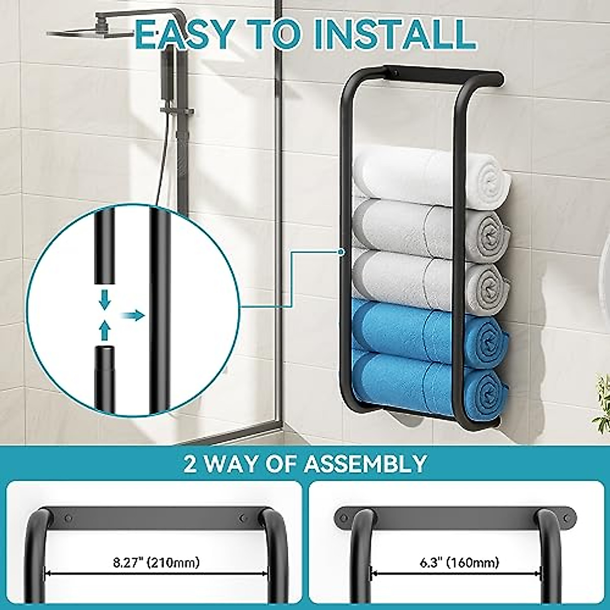 Towel Racks for Bathroom, 30 Inch Stainless Steel Wall Mounted Towel Rack, Bath Towel Holder Wall Towel Rack for Rolled Towels, Modern Bathroom Organizer for Small Space Bathroom Towel Storage - Black