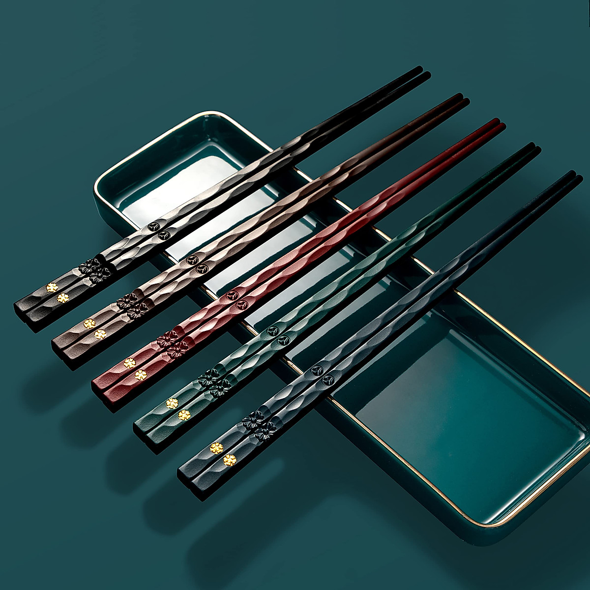 HELERKOL 5 Pairs Fiberglass Multicolor Dark Color Chopsticks Carved Gold Glitter Patch Chopsticks Reusable Non-Slip Lightweight Chinese Japanese Korean Chopsticks Dishwasher Safe, 9.6 Inch long