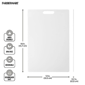 Farberware Extra-Large Plastic Cutting Board, Dishwasher- Safe Poly Chopping Board for Kitchen Meal Prep with Easy Grip Handle, 12-inch by 18-inch, White