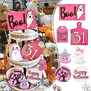 Halloween Decor-7Pcs Halloween Tray Decor-Cute Boo Ghosts with a Bow Pumpkin Happy Halloween Signs-Pink Farmhouse Rustic Tiered Tray Decor Items for Home Table House Room