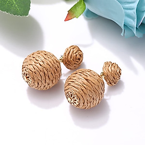 Statement Raffia Earrings, Boho Handmade Straw Rattan Drop Earrings, Geometric Raffia Lantern Dangle Earrings for Women Summer Beach Jewelry (Brown)