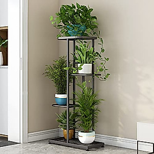LINZINAR Plant Stand Metal 4 Tier 5 Potted Multiple Flower Pot Holder Shelf Indoor Outdoor Planter Display Shelving Unit for Patio Garden Corner Balcony Living Room (4 Tier 5 Potted, Dark Grey)