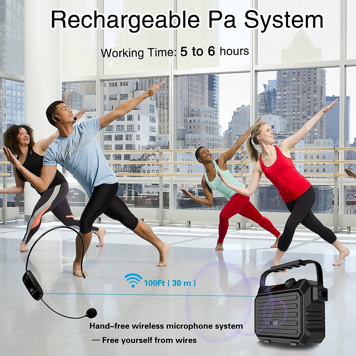 Portable Mini Bluetooth PA System with Wireless Headset Microphone 30W Personal Pa Speaker Rechargeable Voice Amplifier Supports Echo/FM Radio/AUX-in Mode/USB Input/TF Card