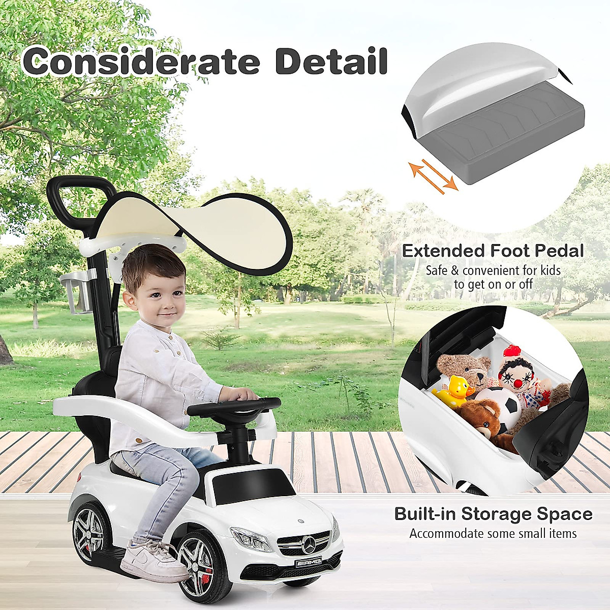 Costzon Push Car for Toddlers, 3 in 1 Mercedes Benz Stroller Sliding Walking Car w/Canopy, Handle, Safety Bar, Cup Holder, Music, Underneath Storage, Foot-to-Floor Ride On Toy for Boys & Girls, White