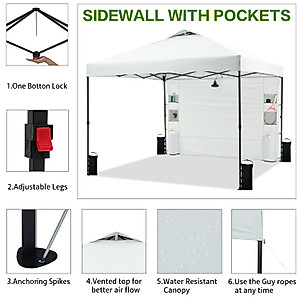 Tunbne 10'x10' Pop Up Canopy Tent with 1 Sidewall and 6 Pockets, One Push Setup, Instant Shade Tent with Vented Roof for Beach Patio Outdoor, Case, 8 Stakes, 4 Ropes, 4 Sandbags (White)