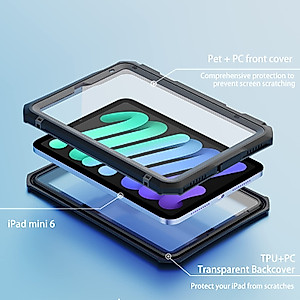 iPad Mini 6 2021 Case Waterproof with Pencil Holder, Built-in Screen Protector and Stand, Dustproof Shockproof Drop Proof Case, Rugged Full Body Cover for iPad Mini 6 6th Generation 2021