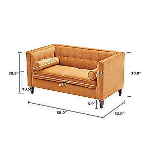 Dreamsir 58'' W Velvet Sofa, Mid-Century Modern Love Seats Sofa Furniture with Two Bolster Pillows, Button Tufted Couch for Living Room, Easy Assembly (Loveseat, Ginger)