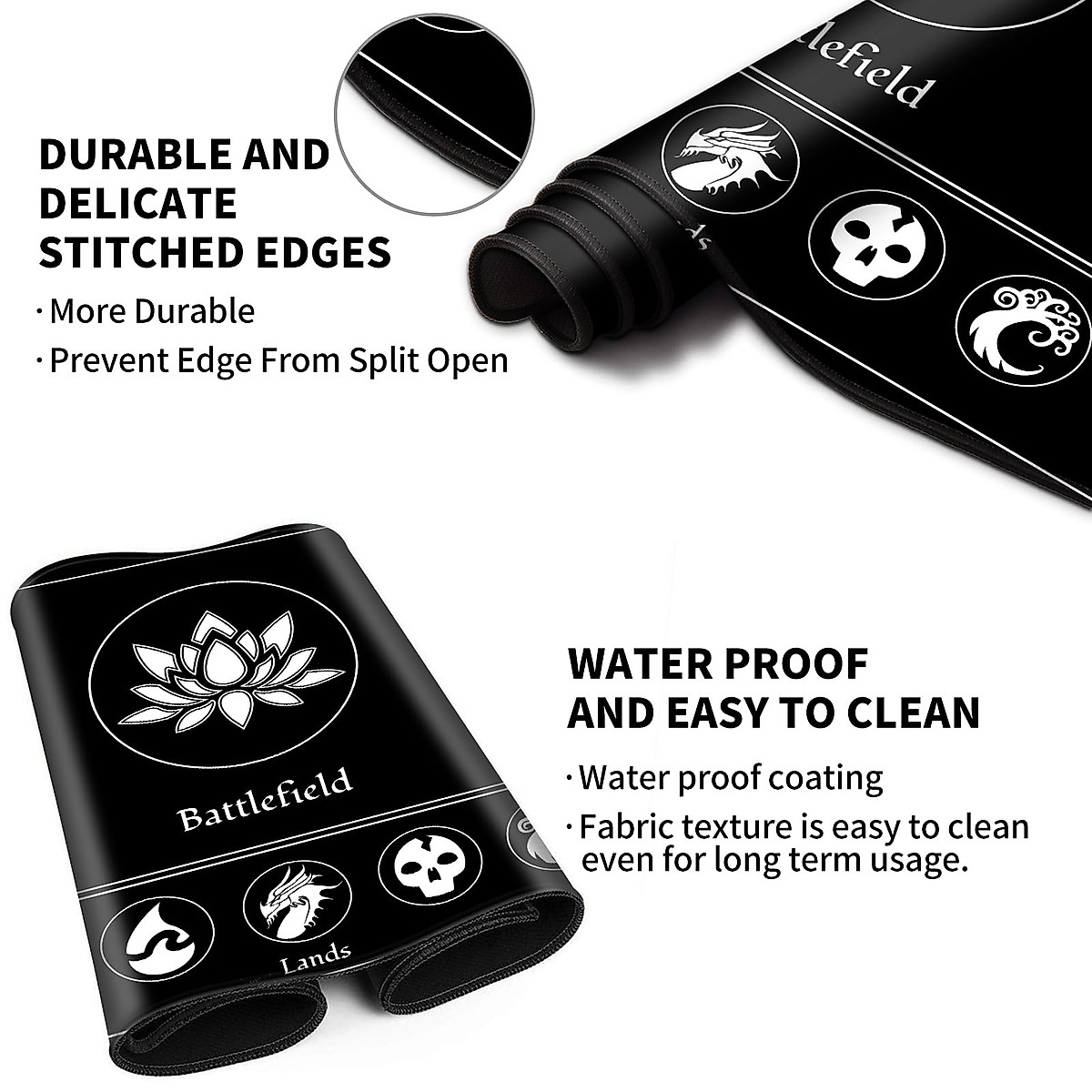 EDGFRTOIO Card Playmat Stitched with Magic Zones, Game Mats Tabletop 24x14 inch for MTG/TCG Card Battles Commander Deck Gaming Desk Mat Duel Mat Card Gameplay Mats for Beginner (Black, Green, 2 Pack)