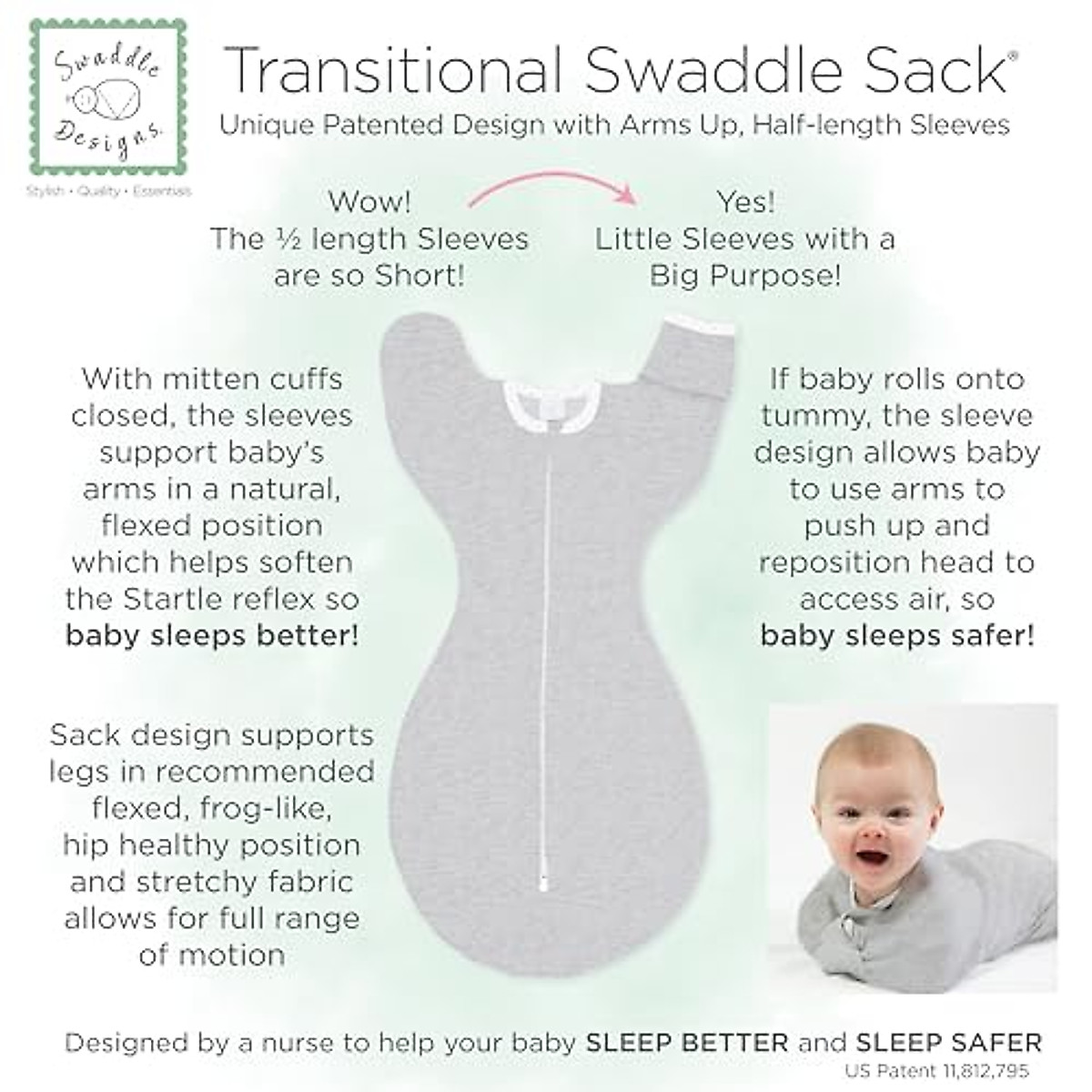 SwaddleDesigns Transitional Swaddle Sack, Arms Up Half-Length Sleeves & Mitten Cuffs, Swaddle for Newborn Transition to Baby Sleep Sack Wearable Blanket, Small, 0-3 month, 6-14 lb, Blue Tiny Triangles
