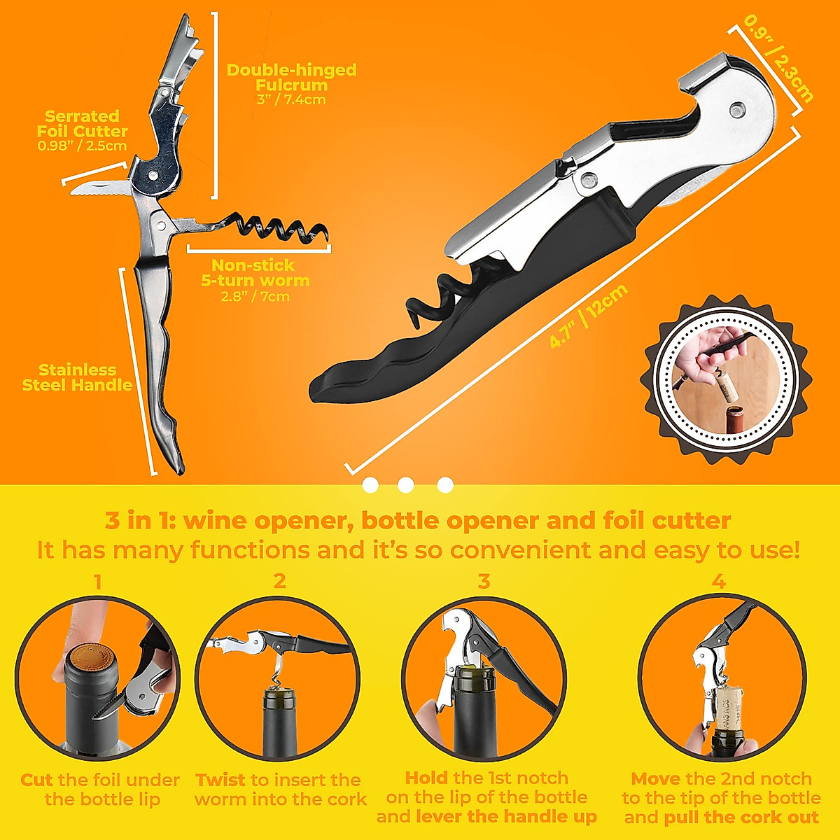 3 PCS Under Cabinet Jar Opener, 4 in 1 Multi Function Can Opener Set Bottle Opener Kit with Silicone Handle and Waiter Corkscrew Wine Opener, Jar Opener For Women Seniors With Arthritis Weak Hands