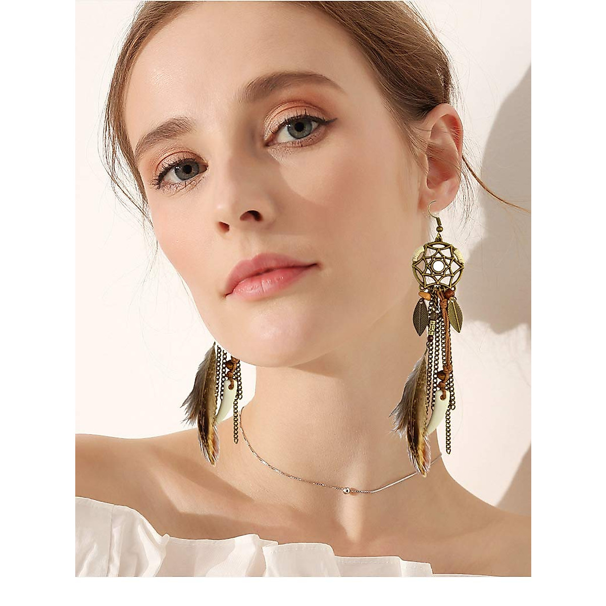 Punk Vintage Long Tassel Feather Beads Drop Wolf Tooth Pendant Earring Fish Hook Earrings (Brown A)