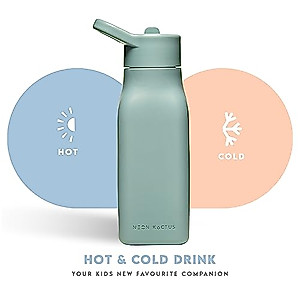 Neon Kactus Silicone Kids Bottle | Kids Water Bottle with Straw and Carry Handle for School, Travel, Sports | Drinking Bottle for Girls and Boys | BPA-Free, Dishwasher-Safe | Happy Camper, 340ml