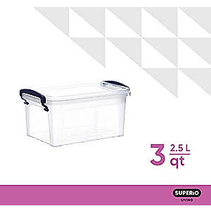 Superio Clear Storage Bins with Lid Stackable Plastic Deep Storage Latch Box with Snap Lock Closure (3 Quart)