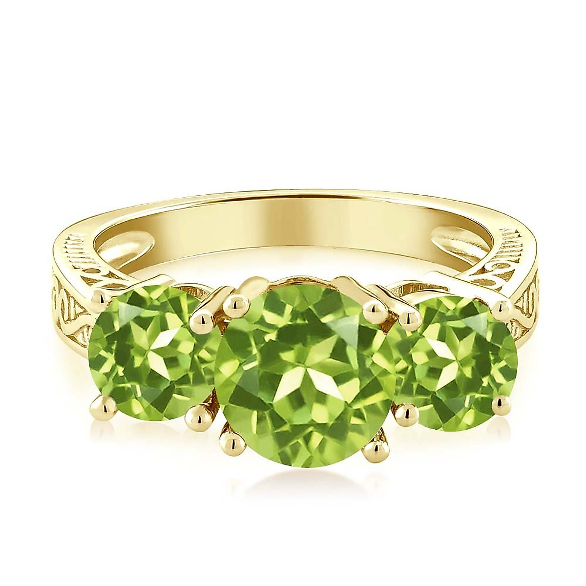Gem Stone King 18K Yellow Gold Plated Silver Green Peridot 3-Stone Ring For Women (2.35 Cttw, Gemstone Birthstone, Available In Size 5, 6, 7, 8, 9)